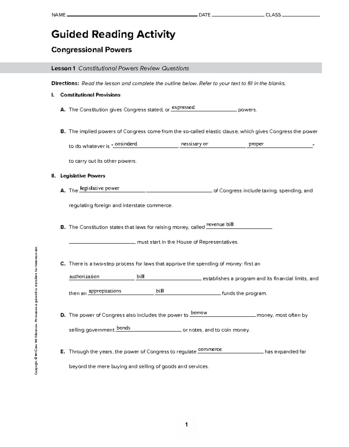 Assigmeant 1 - this is a four page - NAME DATE CLASS Guided Reading Activity Congressional ...