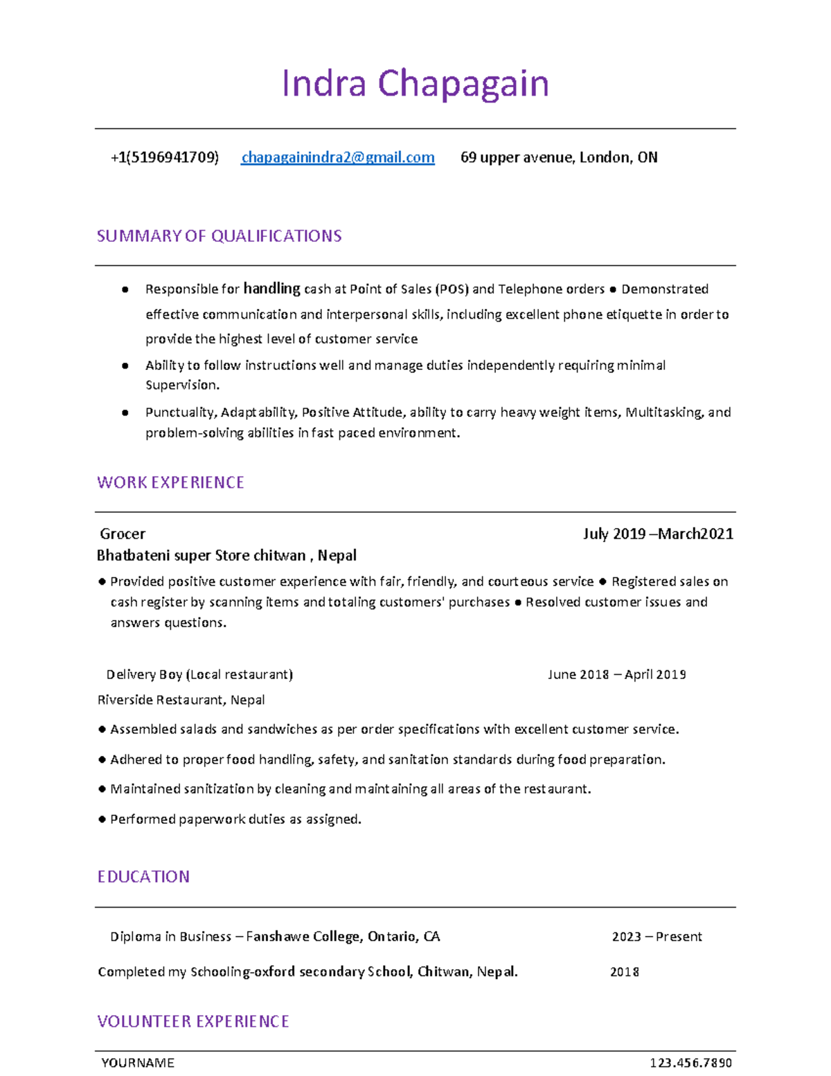 Indra resume - good work - Indra Chapagain +1(5196941709 ...