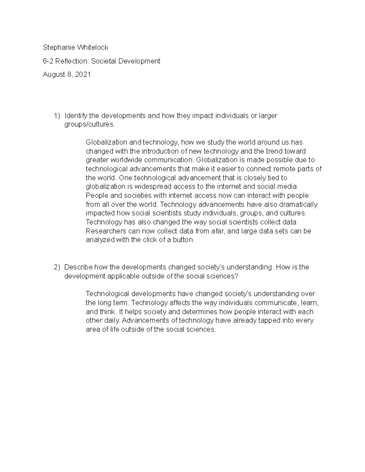 SCS 100 6-2 Reflection Societal Development - Stephanie Whitelock 6-2 ...
