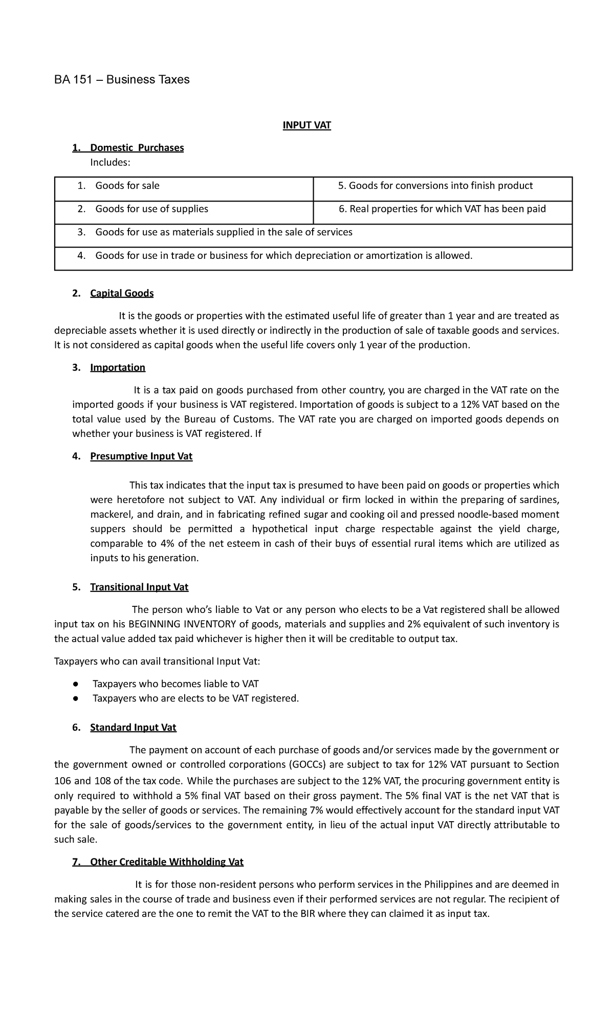 Input Vat - Business and Transfer Taxation - BA 151 – Business Taxes ...