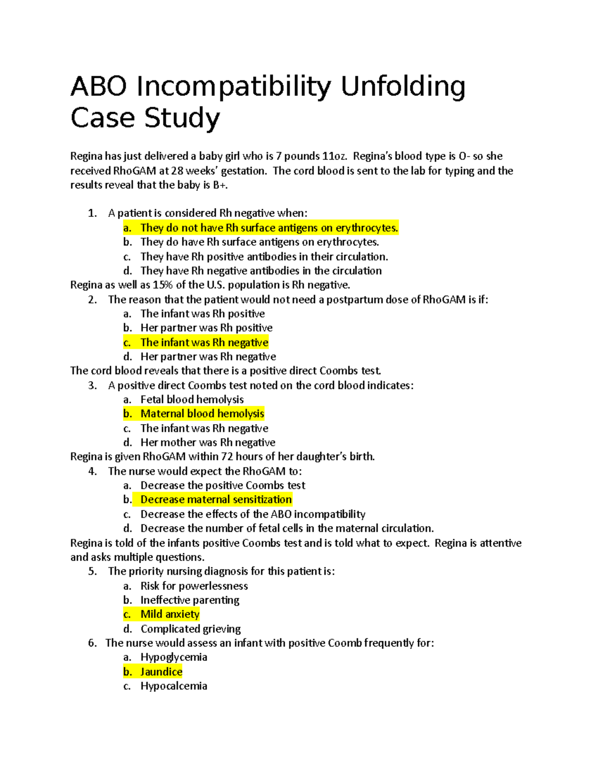 ABO Incompatibility Unfolding Case Study answers - NUR 158 - Midlands ...