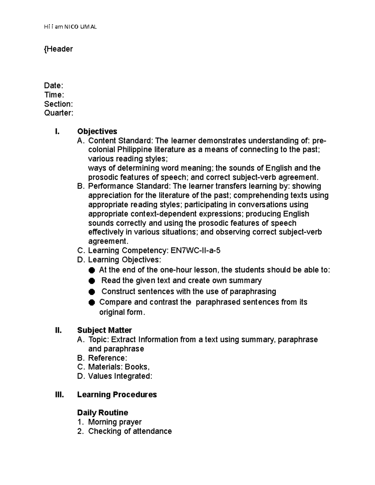 6As Lesson PLAN Format - helpful - Hi i am NICO UMAL {Header Date: Time ...
