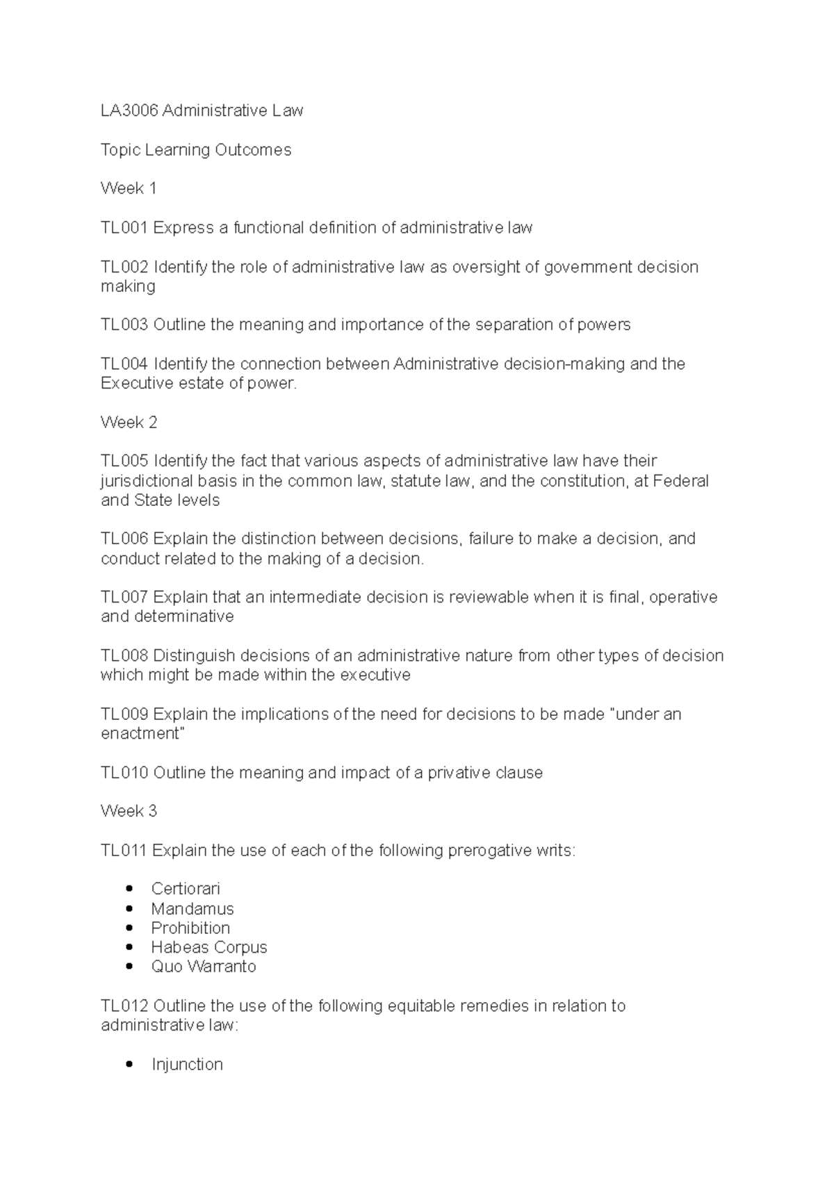 Admin Law - Study guide structure - LA3006 Administrative Law Topic ...