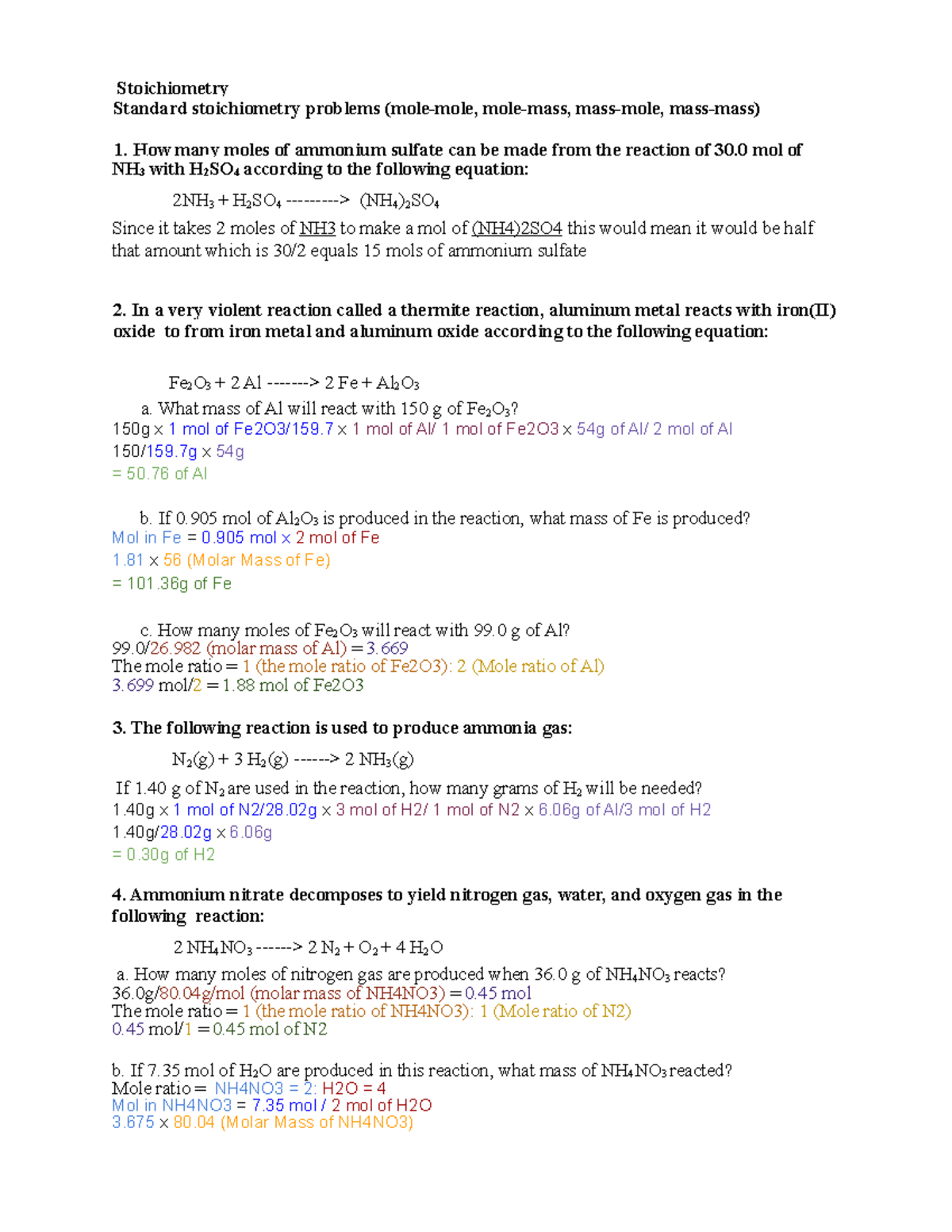 Stoichiometry - Practice material the teacher gave us to learn the ...