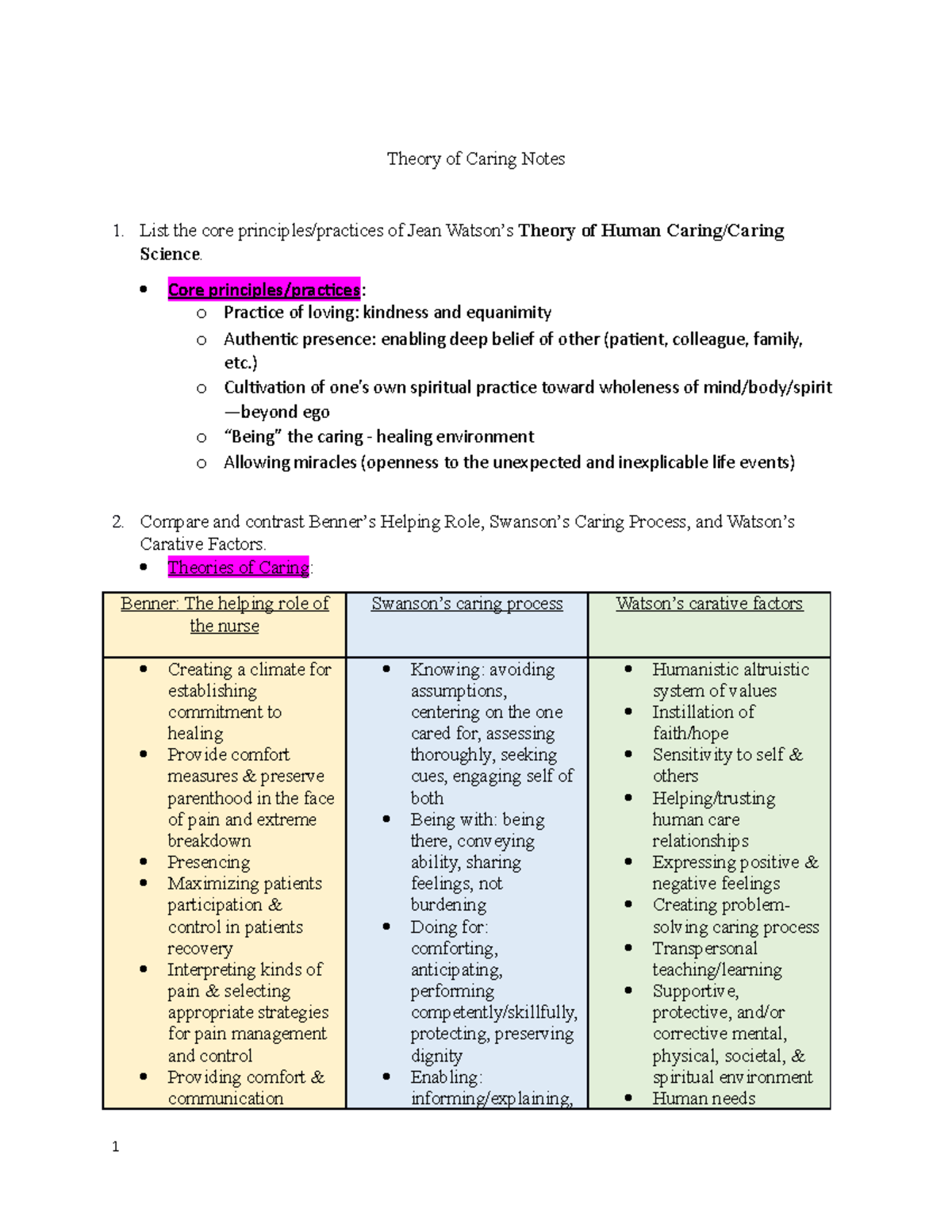 Theory of caring notes - Theory of Caring Notes List the core ...