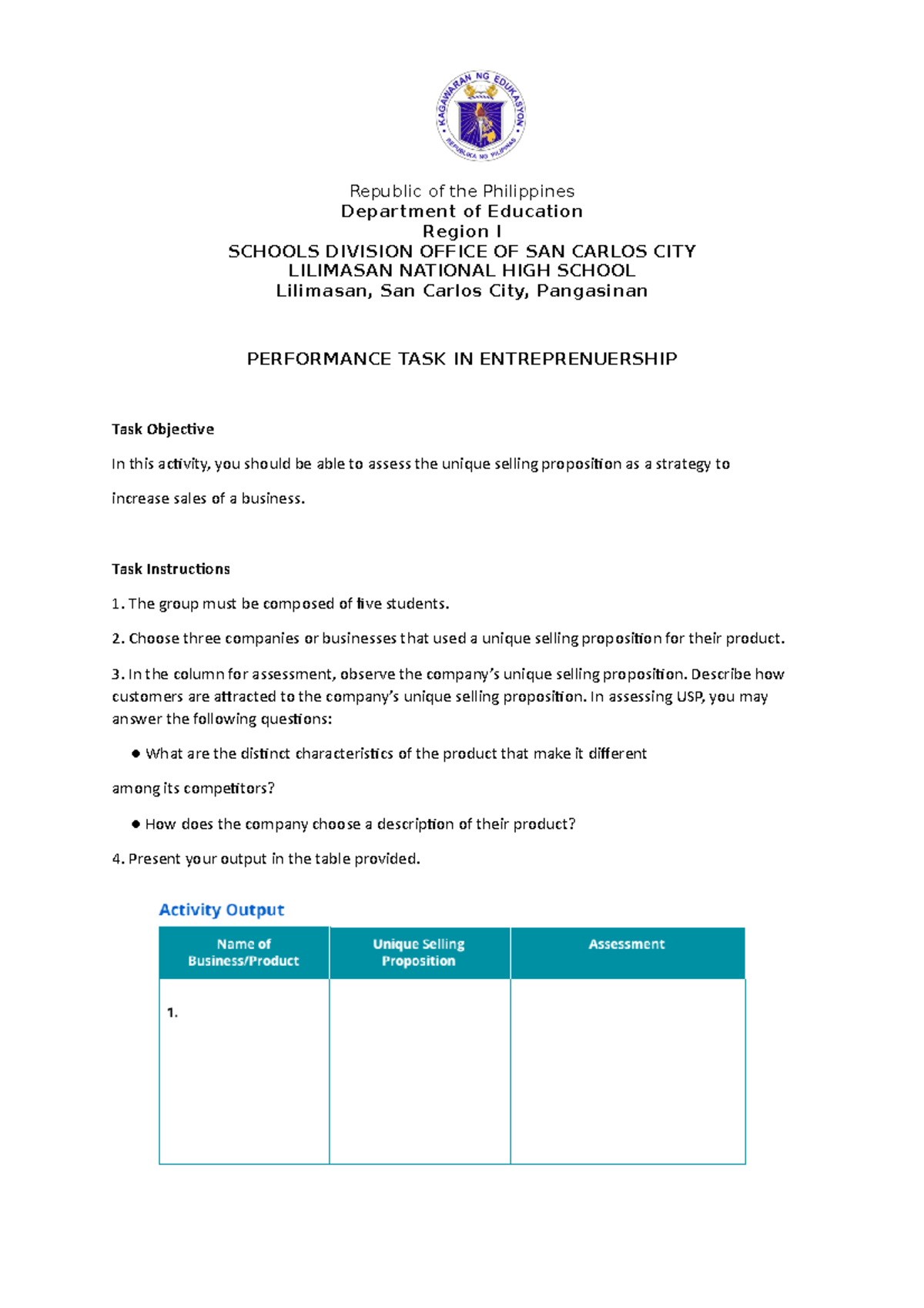 Performance TASK IN Entrep - Republic of the Philippines Department of ...