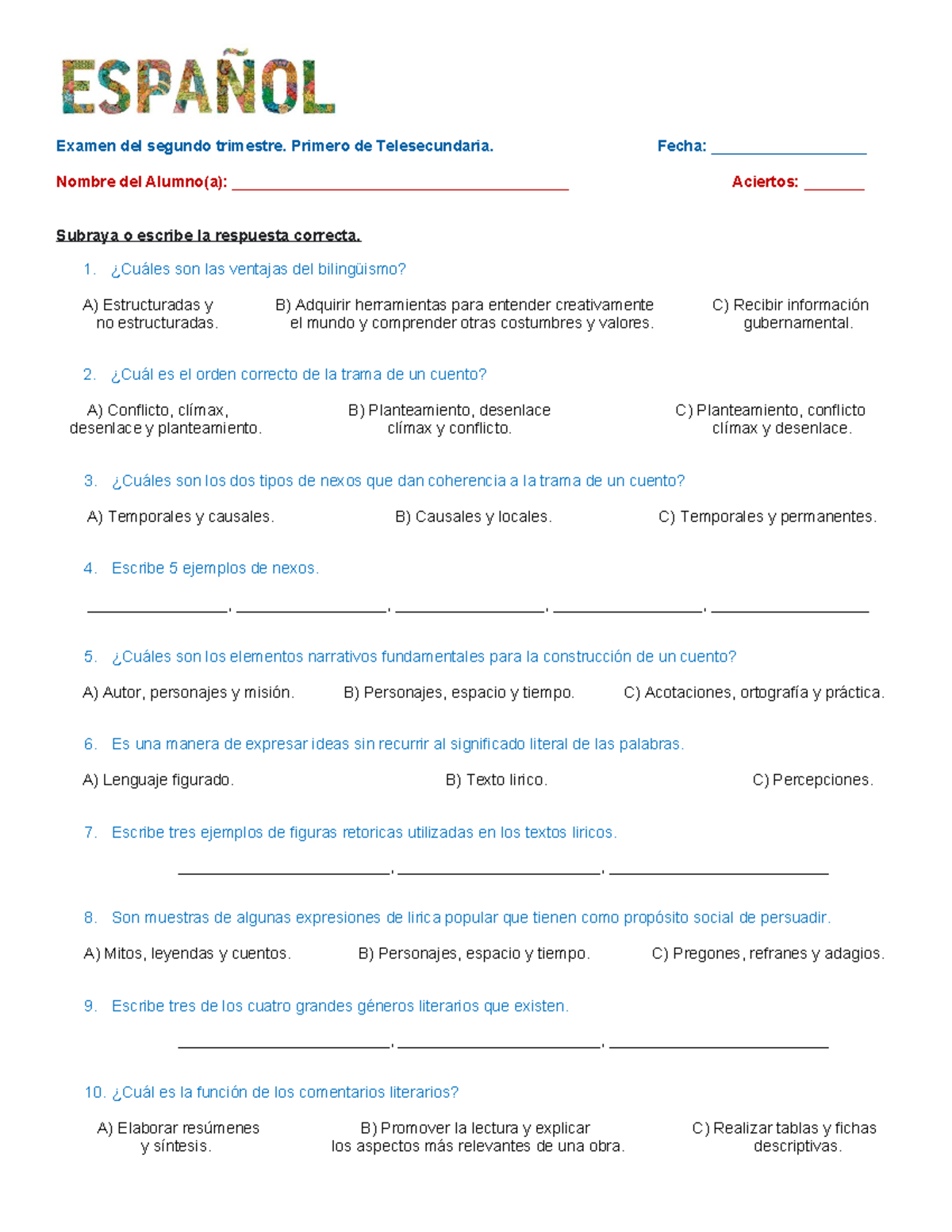 Examen Español B2 HUGO 124155 - Examen del segundo trimestre. Primero ...