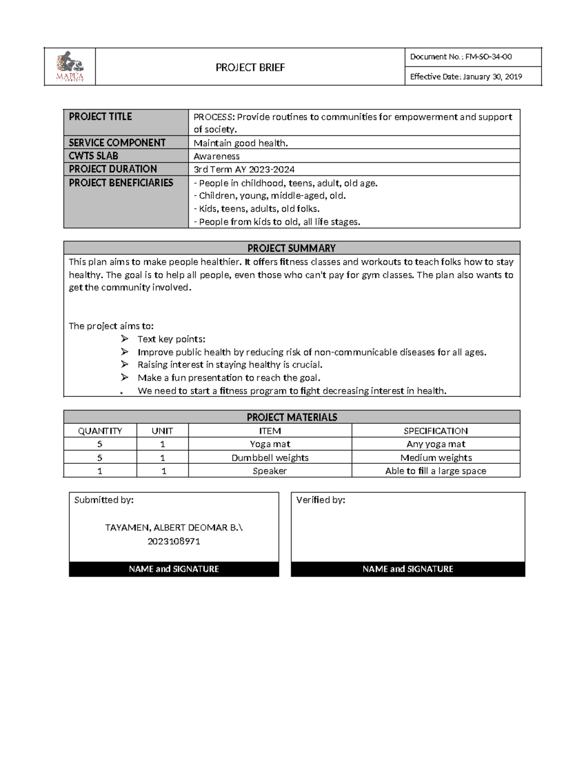 Project Brief - PROJECT BRIEF Document No.: FM-SO-34- Effective Date ...