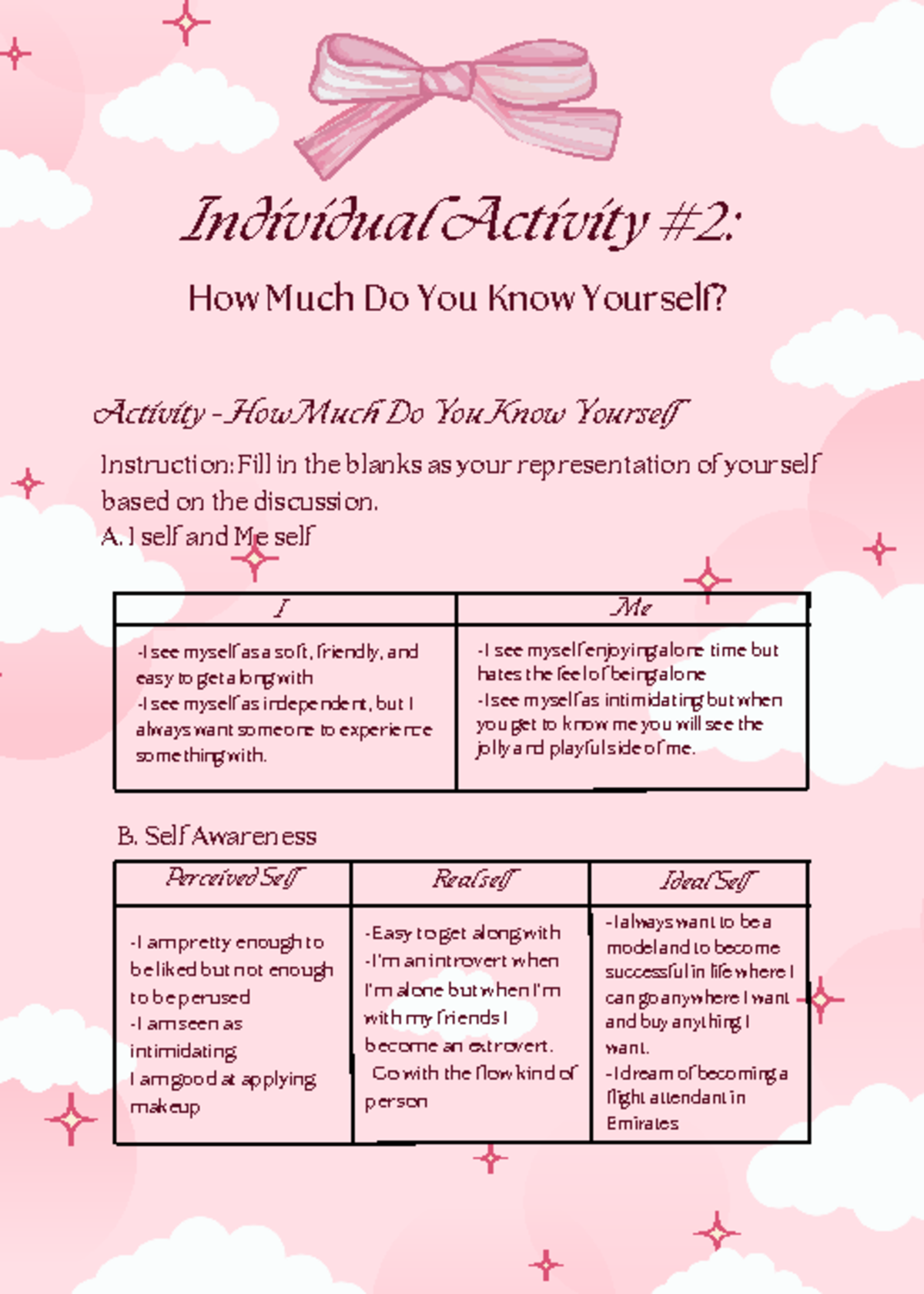 Individual Activity #2 How Much Do You Know Yourself - Instruction ...