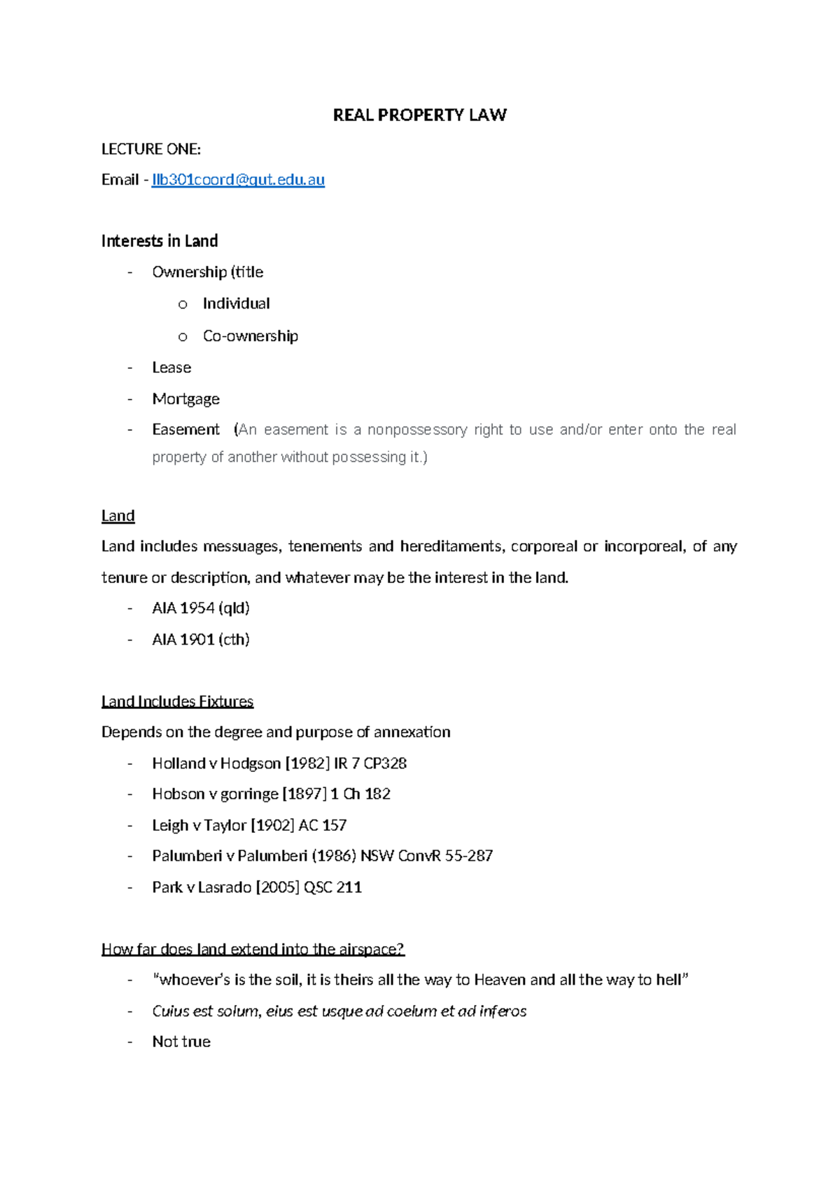 Lecture Notes - REAL PROPERTY LAW LECTURE ONE: Email - llb301coord@qut ...
