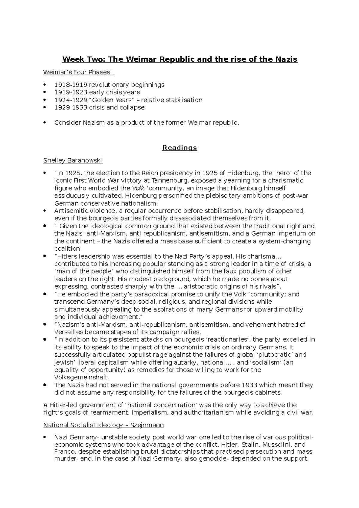 ARTS3295 Final Exam Notes - Week Two: The Weimar Republic and the rise ...