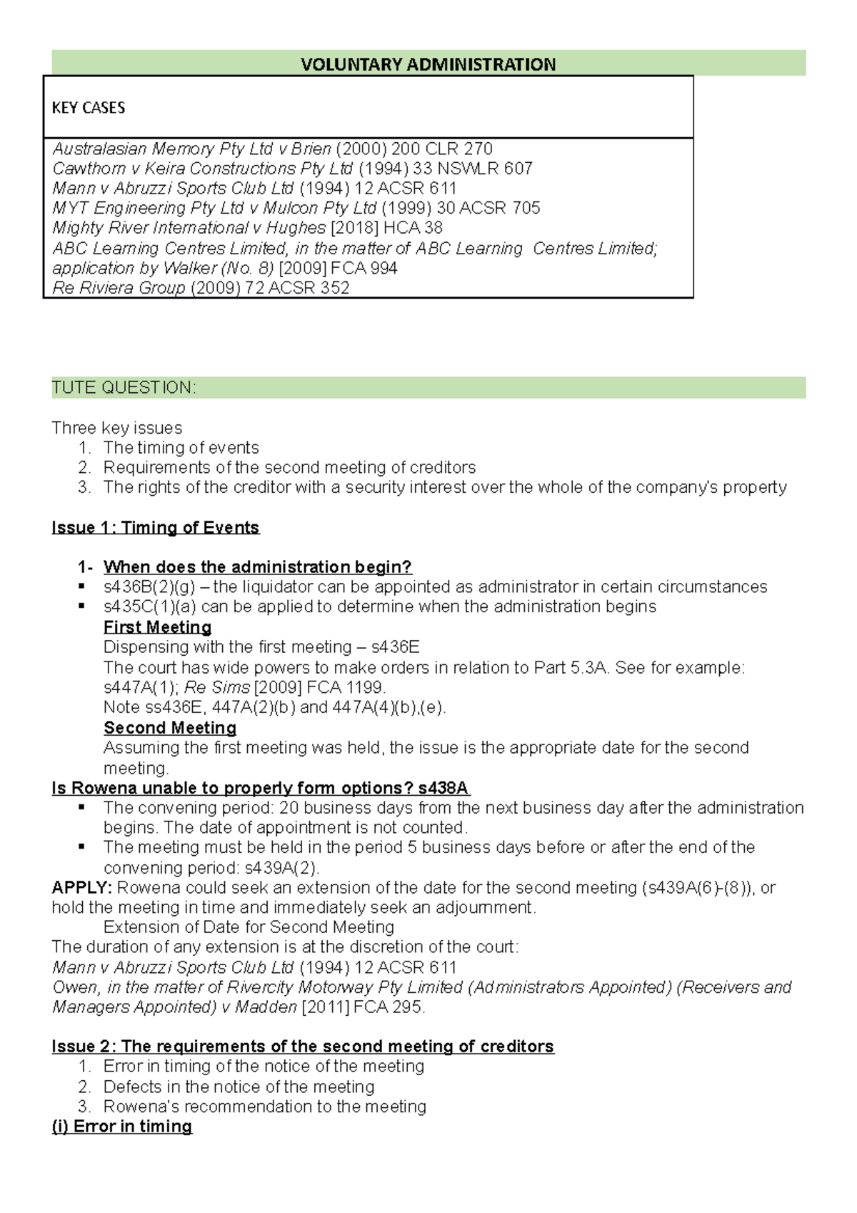Voluntary Administration - VOLUNTARY ADMINISTRATION KEY CASES ...