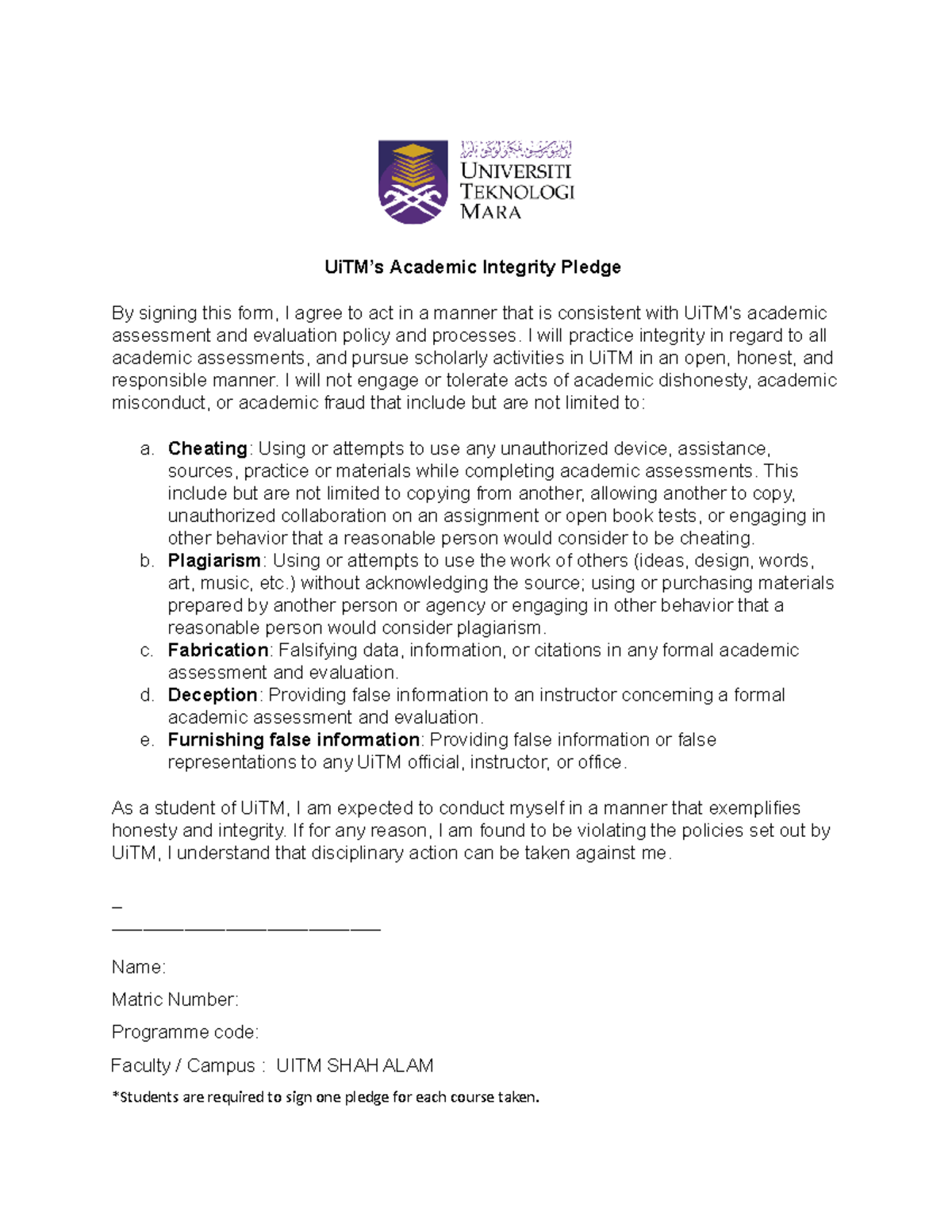 Ikrar Integriti Pelajar - UiTM’s Academic Integrity Pledge By signing ...
