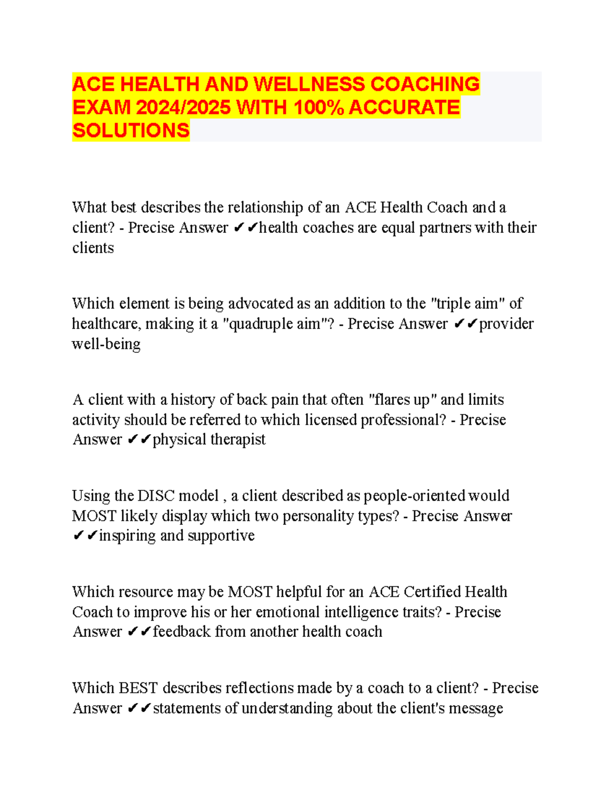 ACE Health AND Wellness Coaching EXAM 2024 - ACE HEALTH AND WELLNESS ...