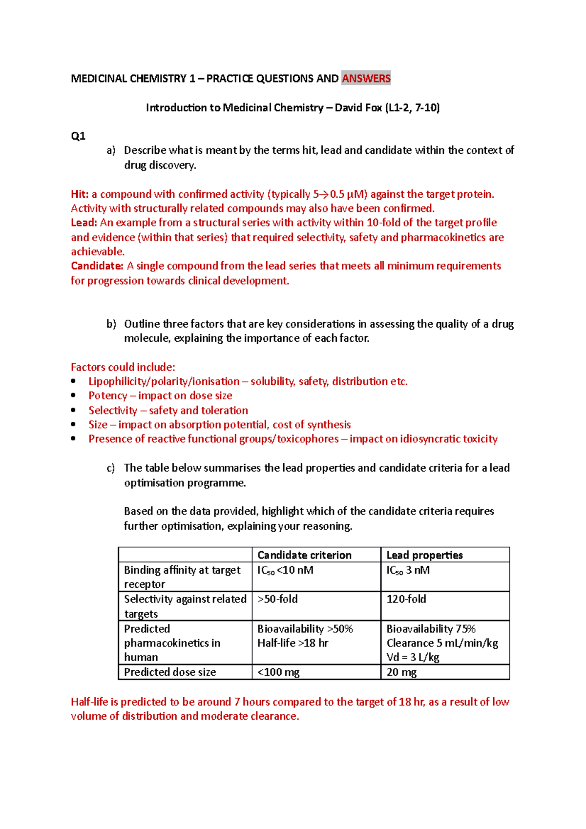 Introduction to Medicinal Chemistry (DNF) Practice Questions & Answers ...