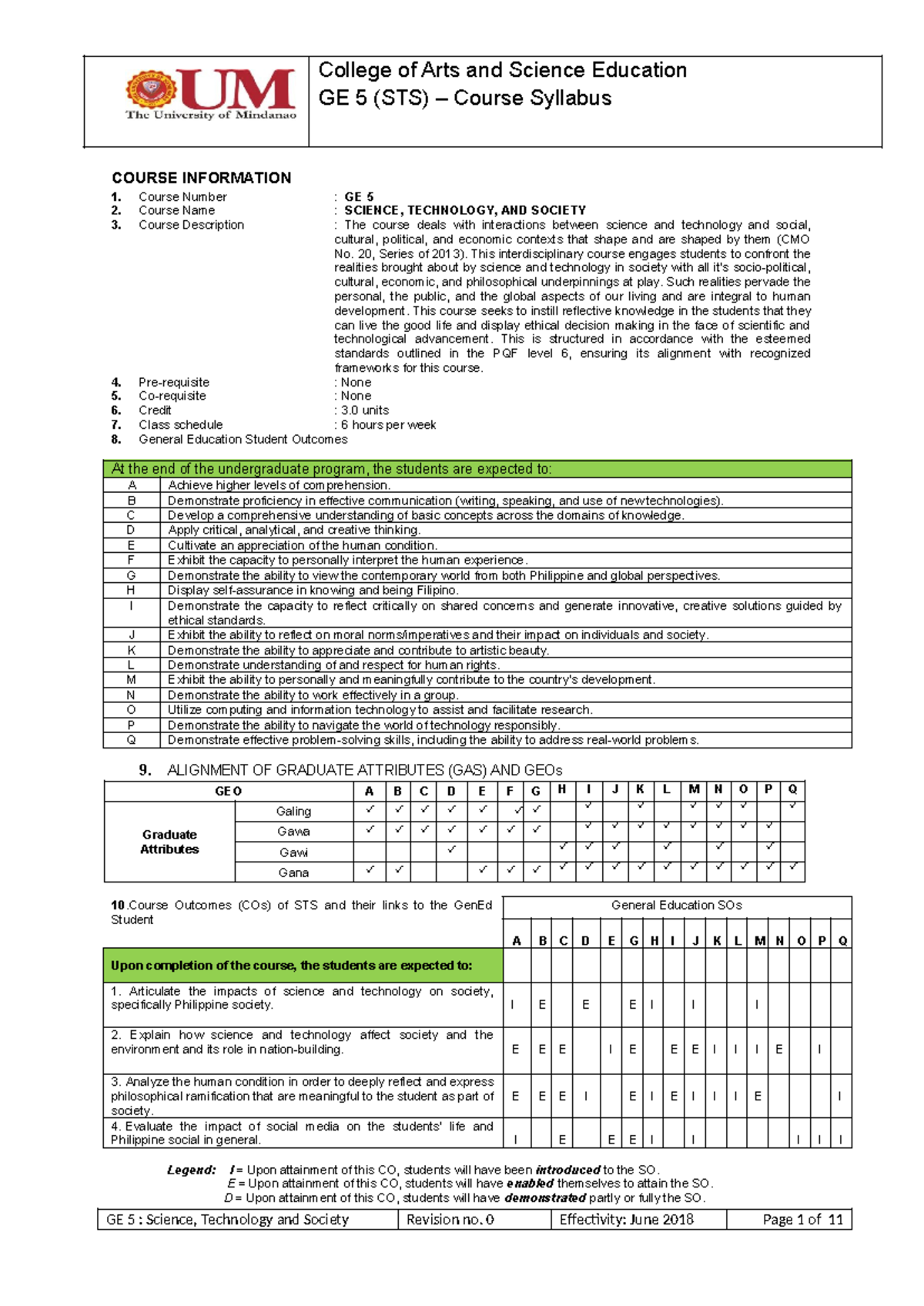 GE-5-STS- Syllabus Revised - GE 5 (STS) – Course Syllabus COURSE INFORMATION 1. Course Number ...