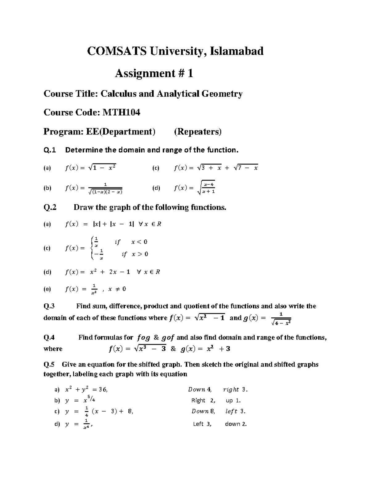 Assignment 1 calculus and analytical geometry EE - COMSATS University ...