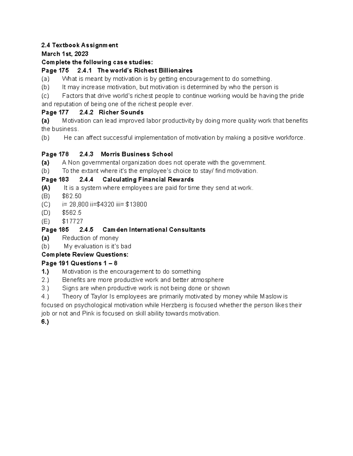 Business Motivation - 2 Textbook Assignment March 1st, 2023 Complete ...