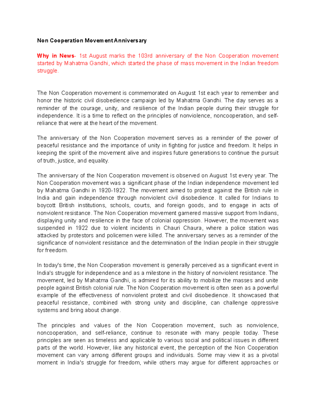 Non Cooperation movement - Ba Honours History - Delhi University - Studocu