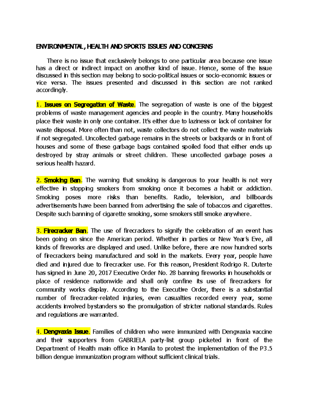 Environmental, Health AND Sports Issues AND Concerns - ENVIRONMENTAL ...