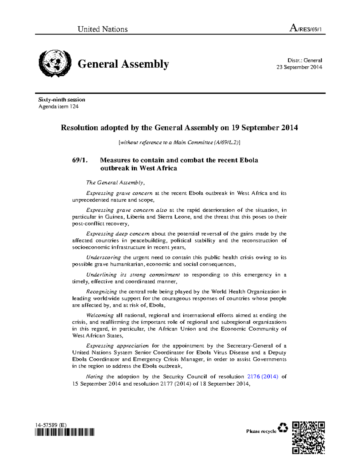 7 UNGA Ebola 1 - case - United Nations A/RES/69/ General Assembly Distr ...