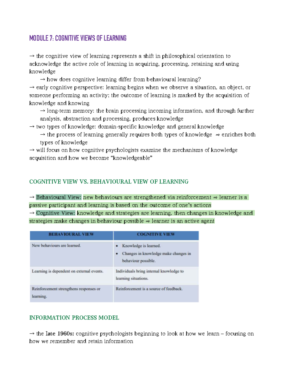 Module 7 - notes - EDUC 210 - MODULE 7: COGNITIVE VIEWS OF LEARNING ...