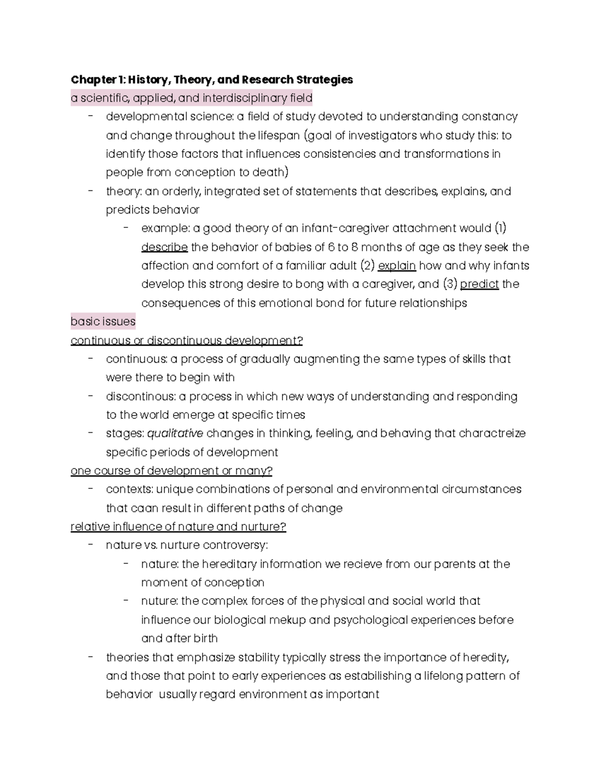 Dev psych notes - Chapter 1: History, Theory, and Research Strategies a ...