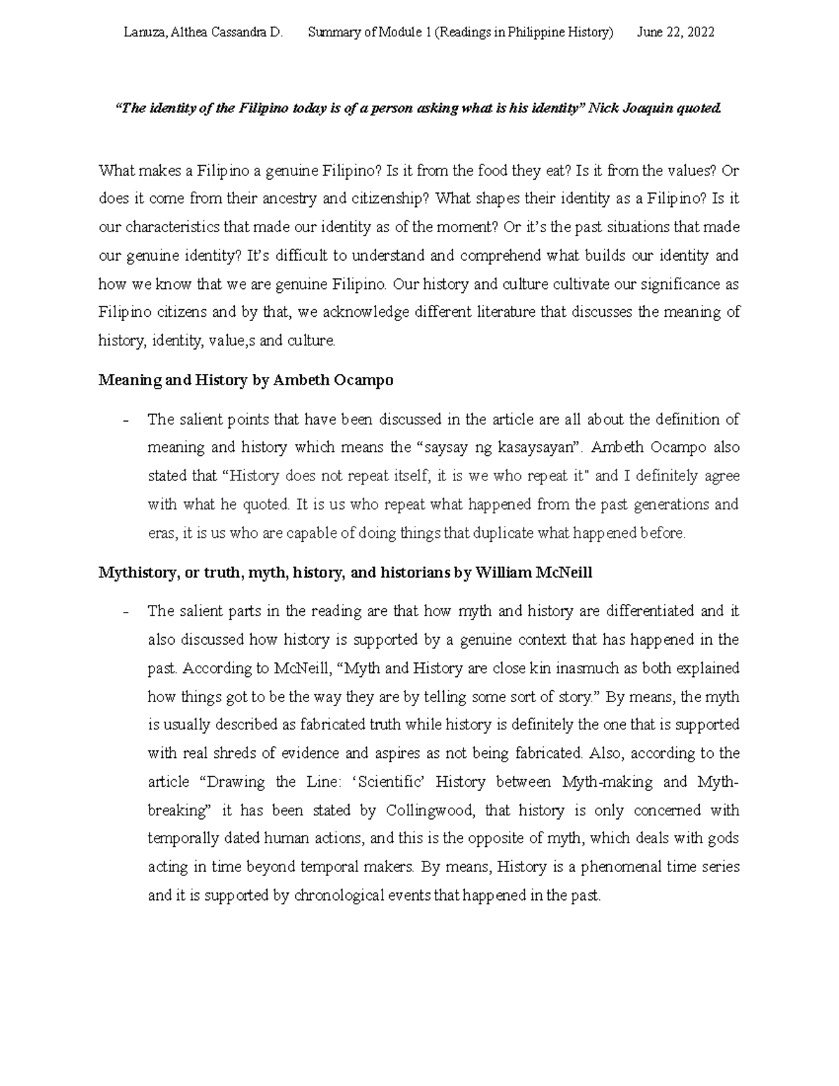 Summary of Module 1 Lanuza - “The identity of the Filipino today is of ...