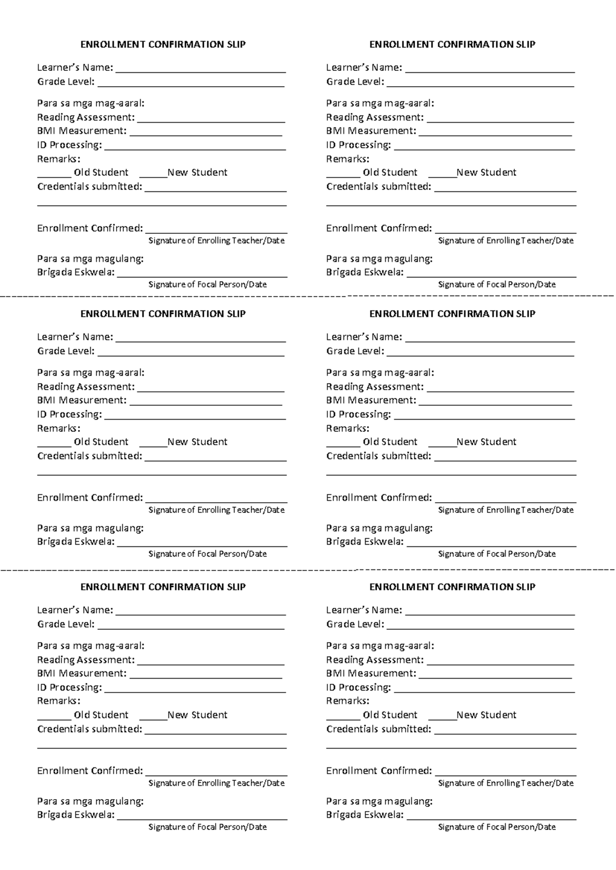 Enrollment- Confirmation-SLIP - ENROLLMENT CONFIRMATION SLIP Learner’s ...