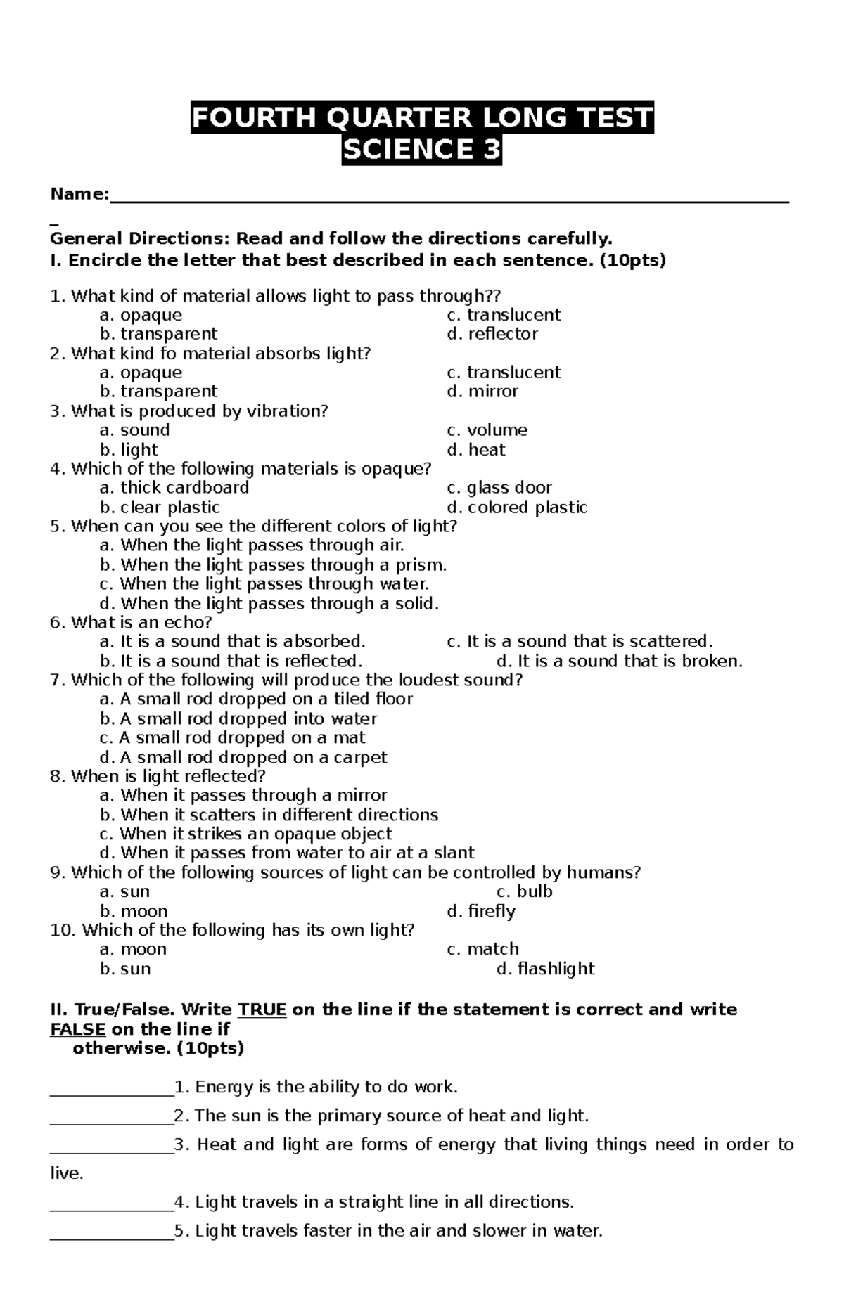 4TH Quarter LONG TEST Science 3 (2019-2020) - FOURTH QUARTER LONG TEST ...