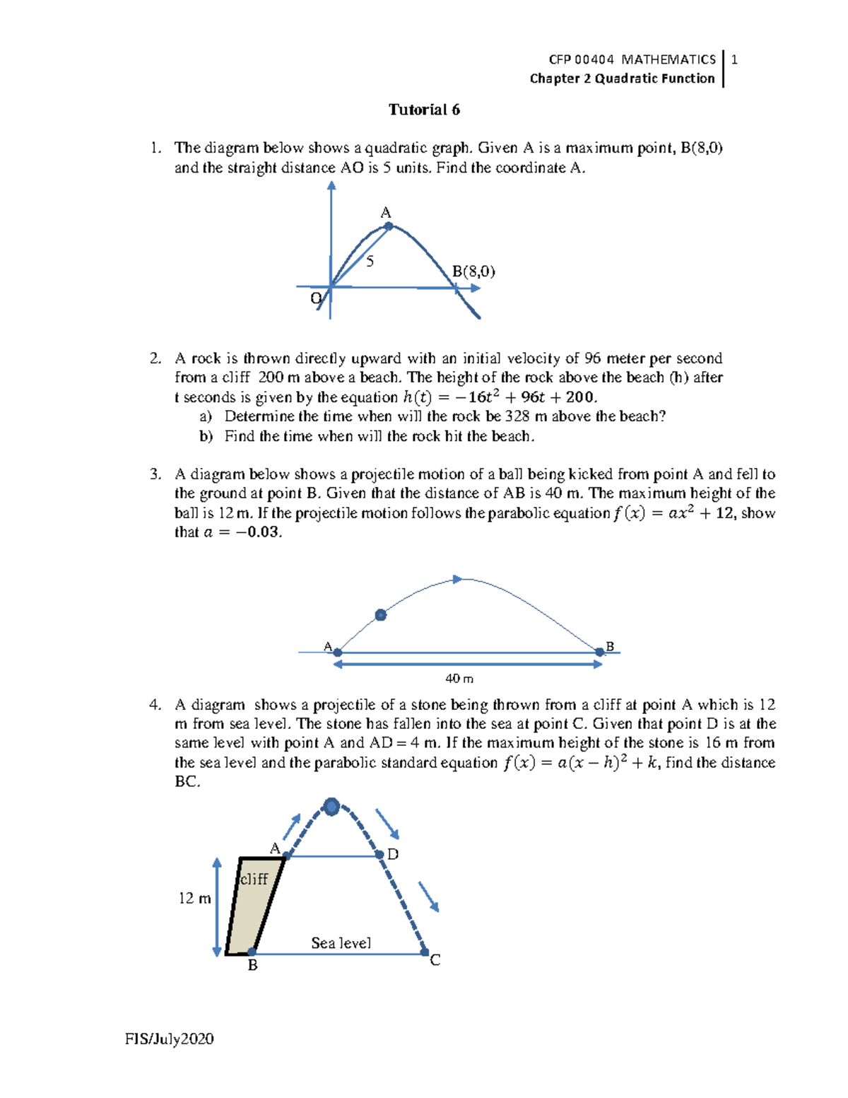 Applied Quadratic function - CFP 00404 MATHEMATICS Chapter 2 Quadratic ...