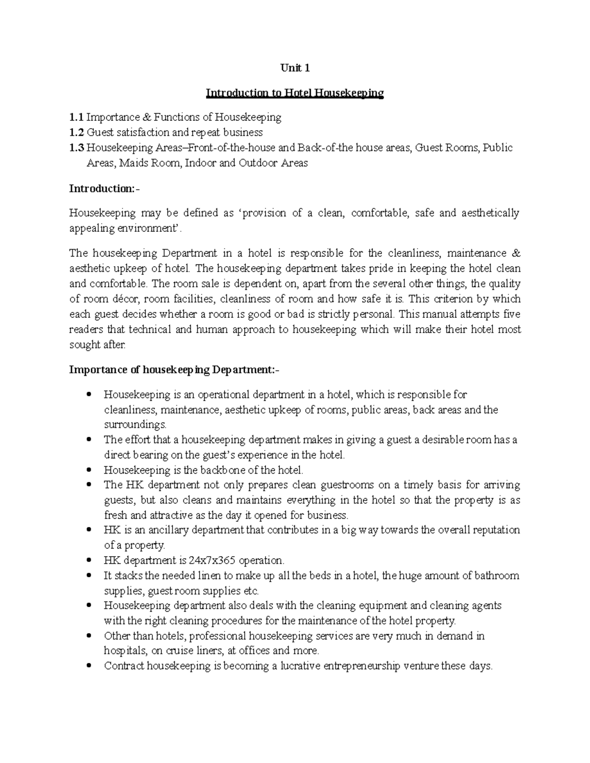 Intro to Housekeeping - lecture - Unit 1 Introduction to Hotel ...