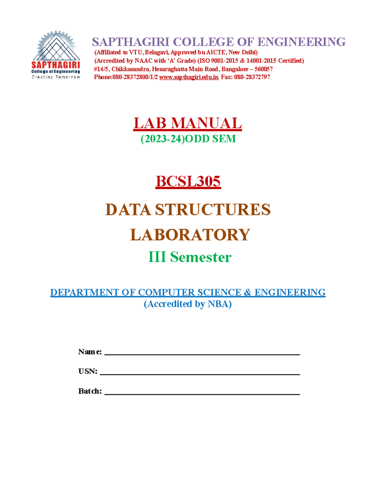 DS LAB PART 1 - SAPTHAGIRI COLLEGE OF ENGINEERING (Affiliated to VTU, Belagavi, Approved bu ...