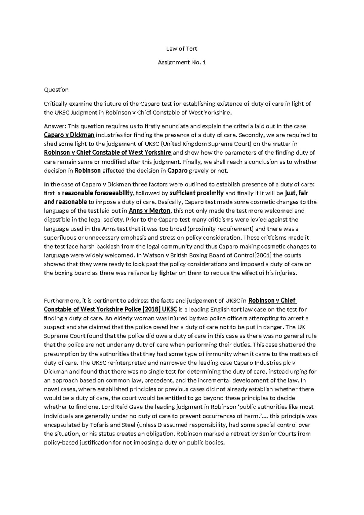 Tort law assignment 1 - Law of Tort Assignment No. 1 Question ...
