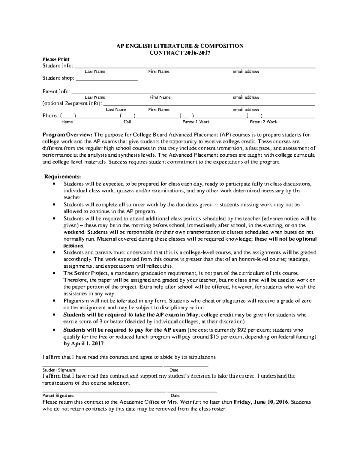 AP English Literature contract - AP ENGLISH LITERATURE & COMPOSITION ...