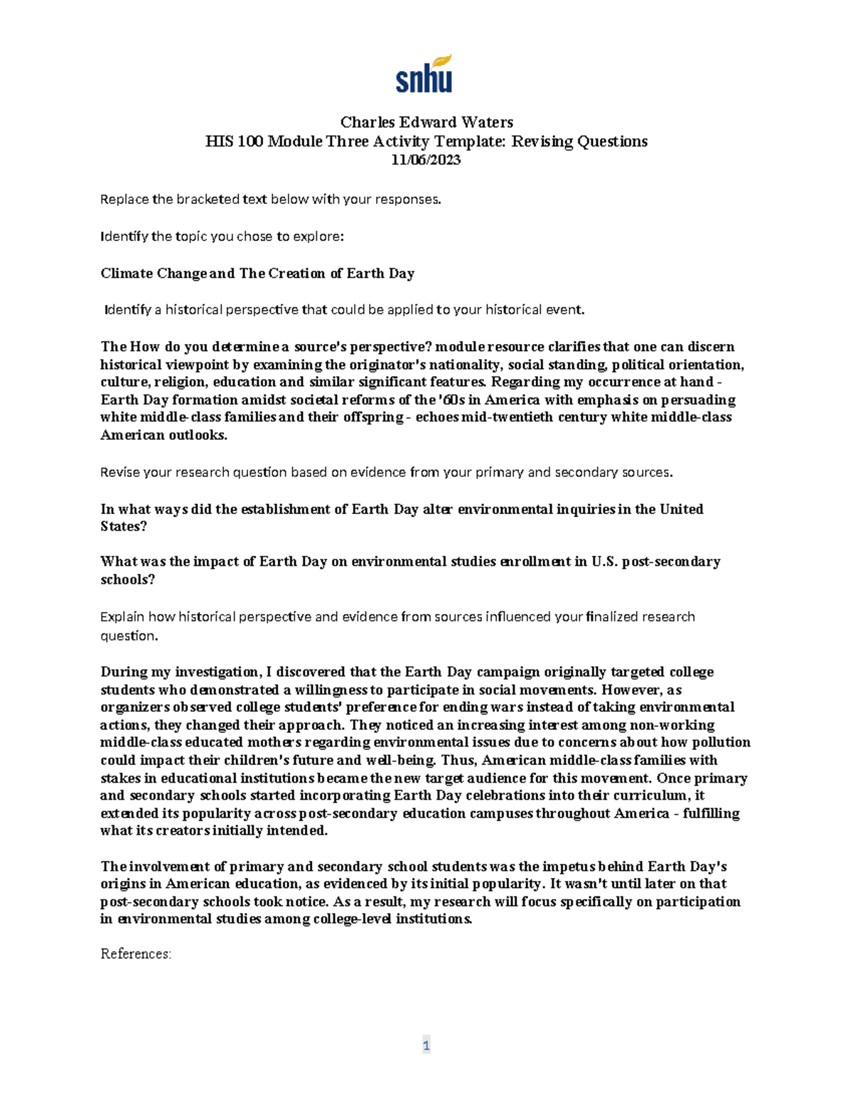3-2 - my work - Charles Edward Waters HIS 100 Module Three Activity ...