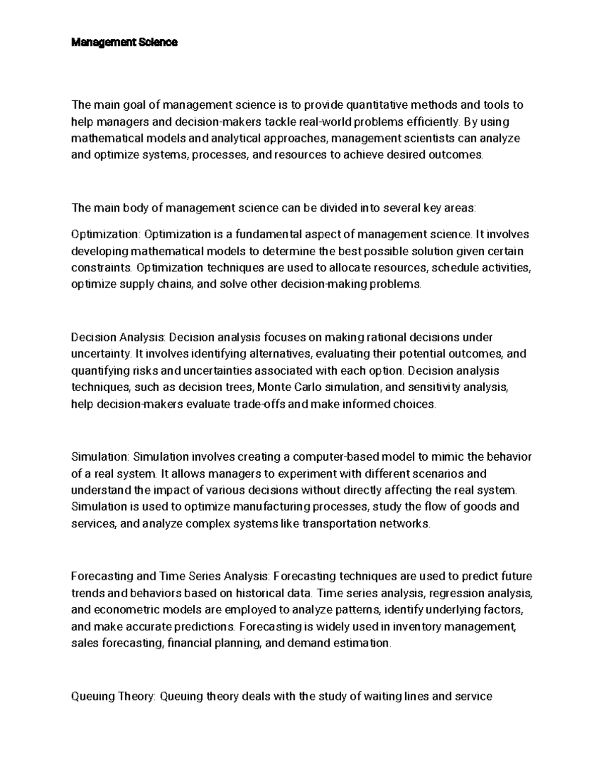 Management Science-15 - Management Science The main goal of management ...