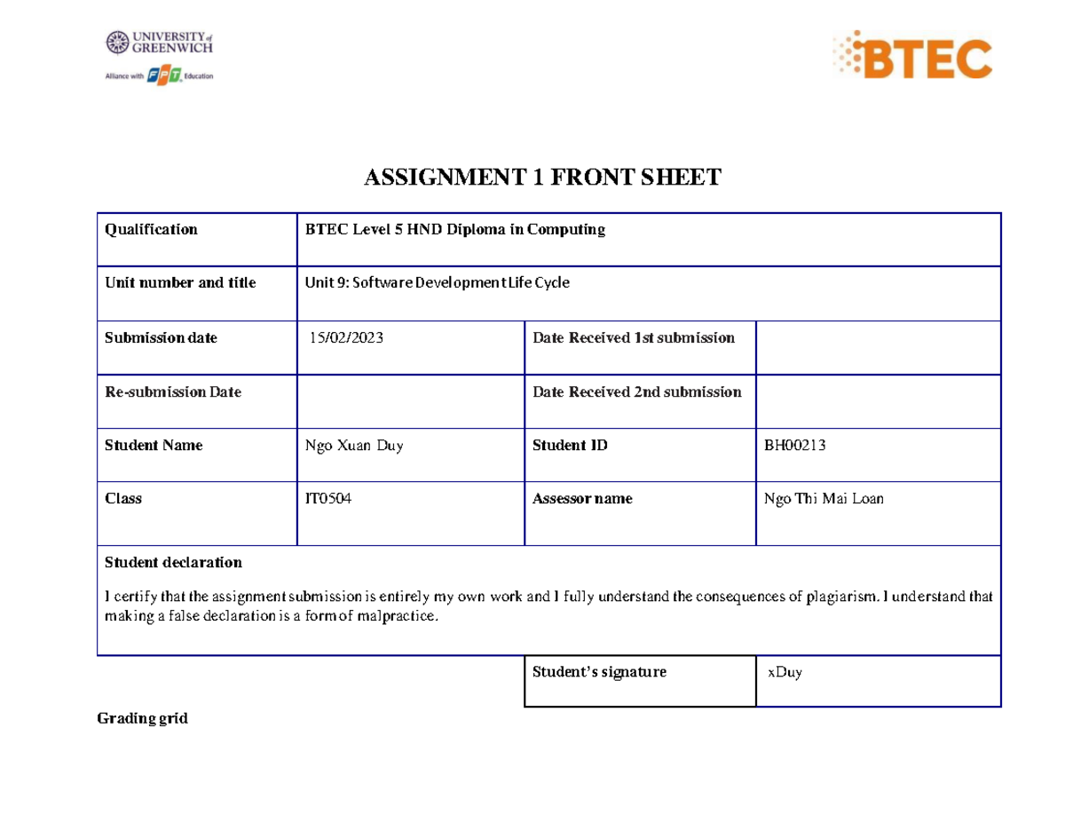 SDLC-Assignment-1-Ngo Xuan Duy-Bh00213 - ASSIGNMENT 1 FRONT SHEET Qualification BTEC Level 5 HND ...