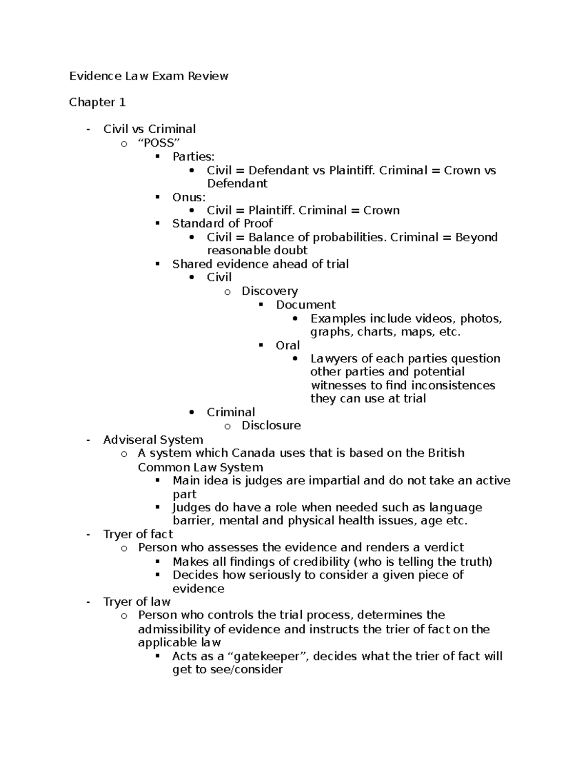 Evidence law exam review - Evidence Law Exam Review Chapter 1 - Civil ...