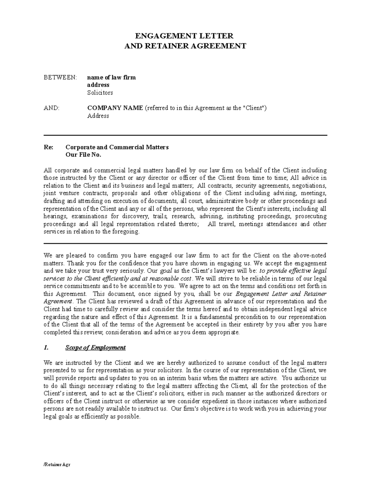 Sample engagement retainer - ENGAGEMENT LETTER AND RETAINER AGREEMENT ...