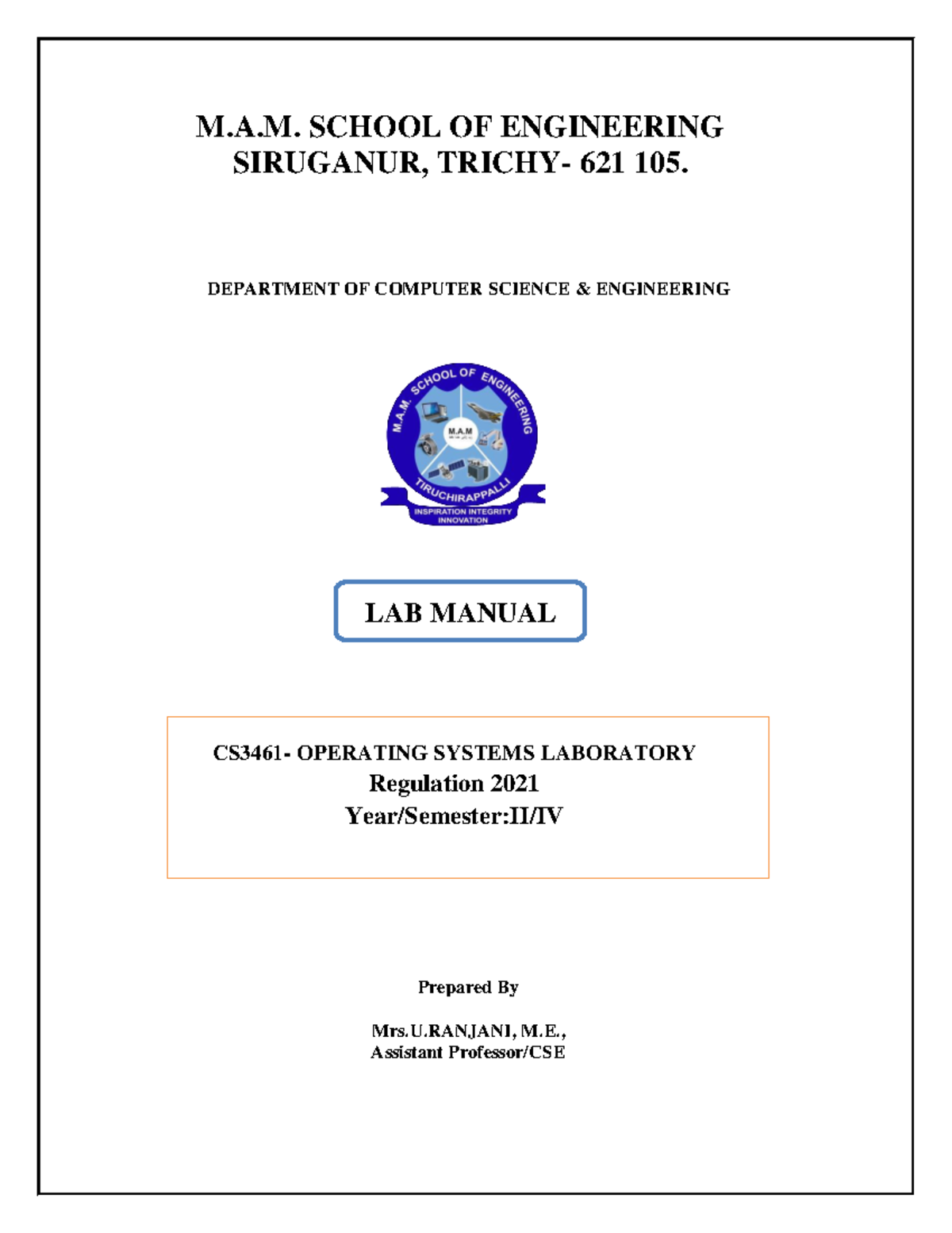 CS3461-OS LAB Manual - M.A. SCHOOL OF ENGINEERING SIRUGANUR, TRICHY ...