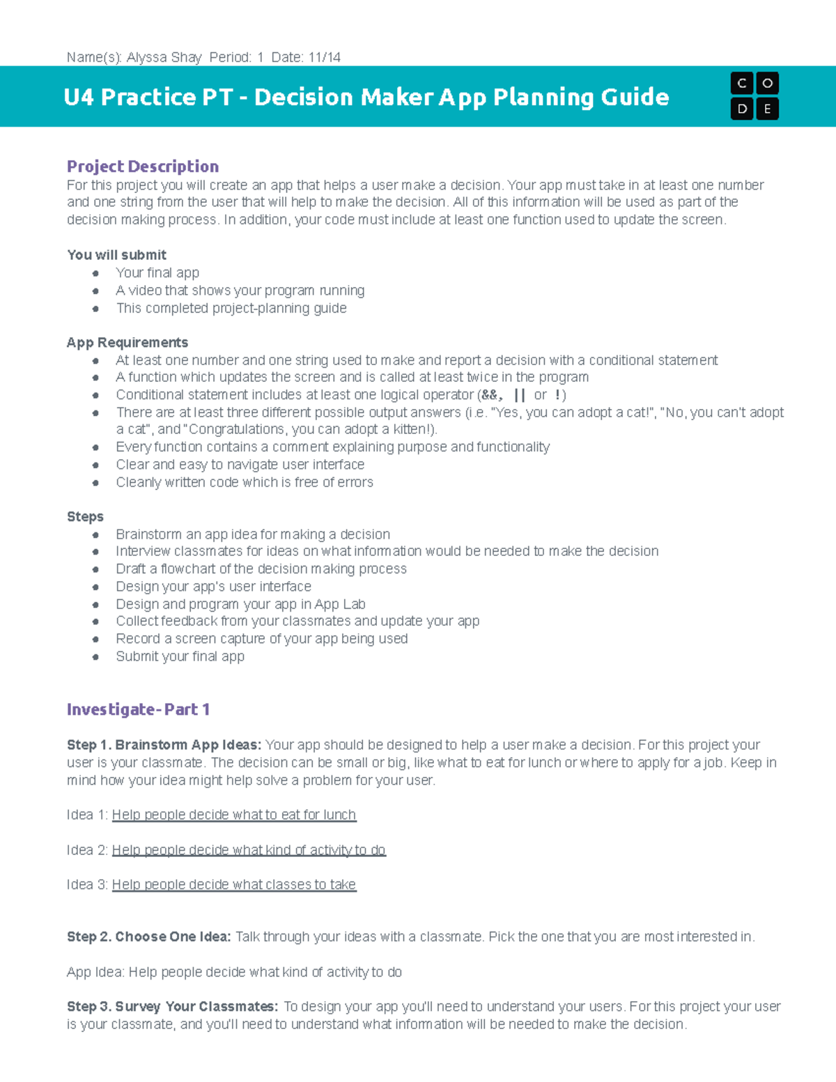 Copy of CSP U4 Practice PT Planning Guide - Google Docs - Name(s ...