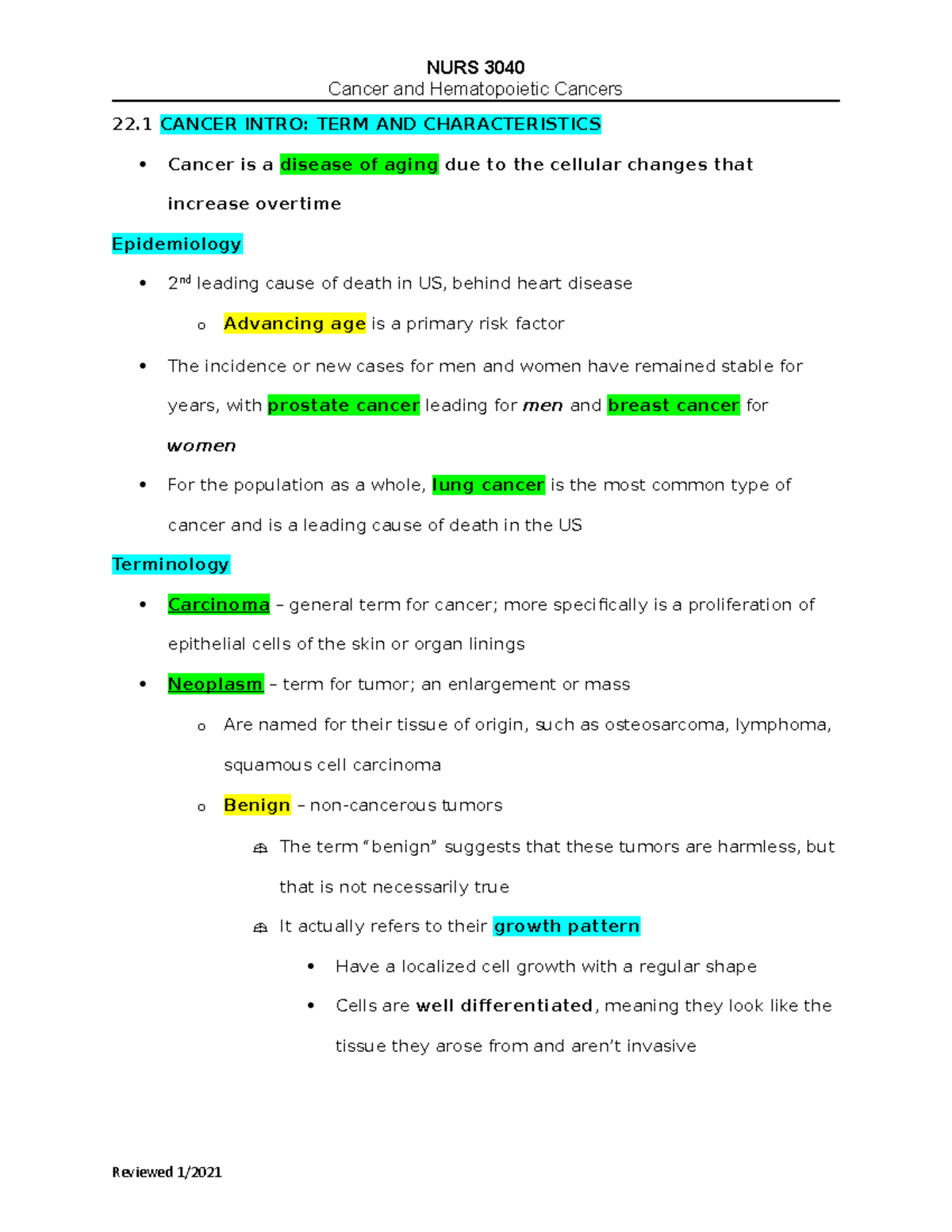 22.1 Cancer Intro student outline - Cancer and Hematopoietic Cancers 22 ...