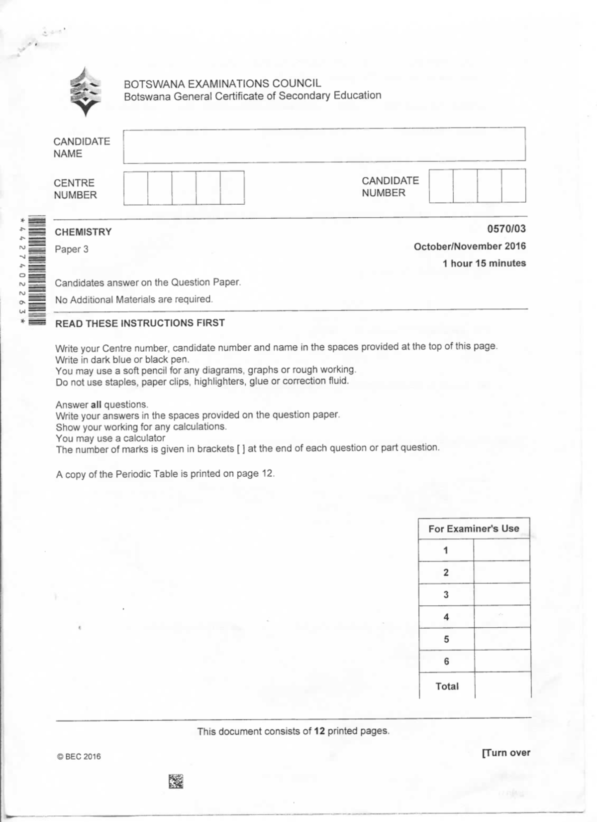 2016 chemp 3-1 - BGCSE pure chemistry final exam - BOTSWANA ...