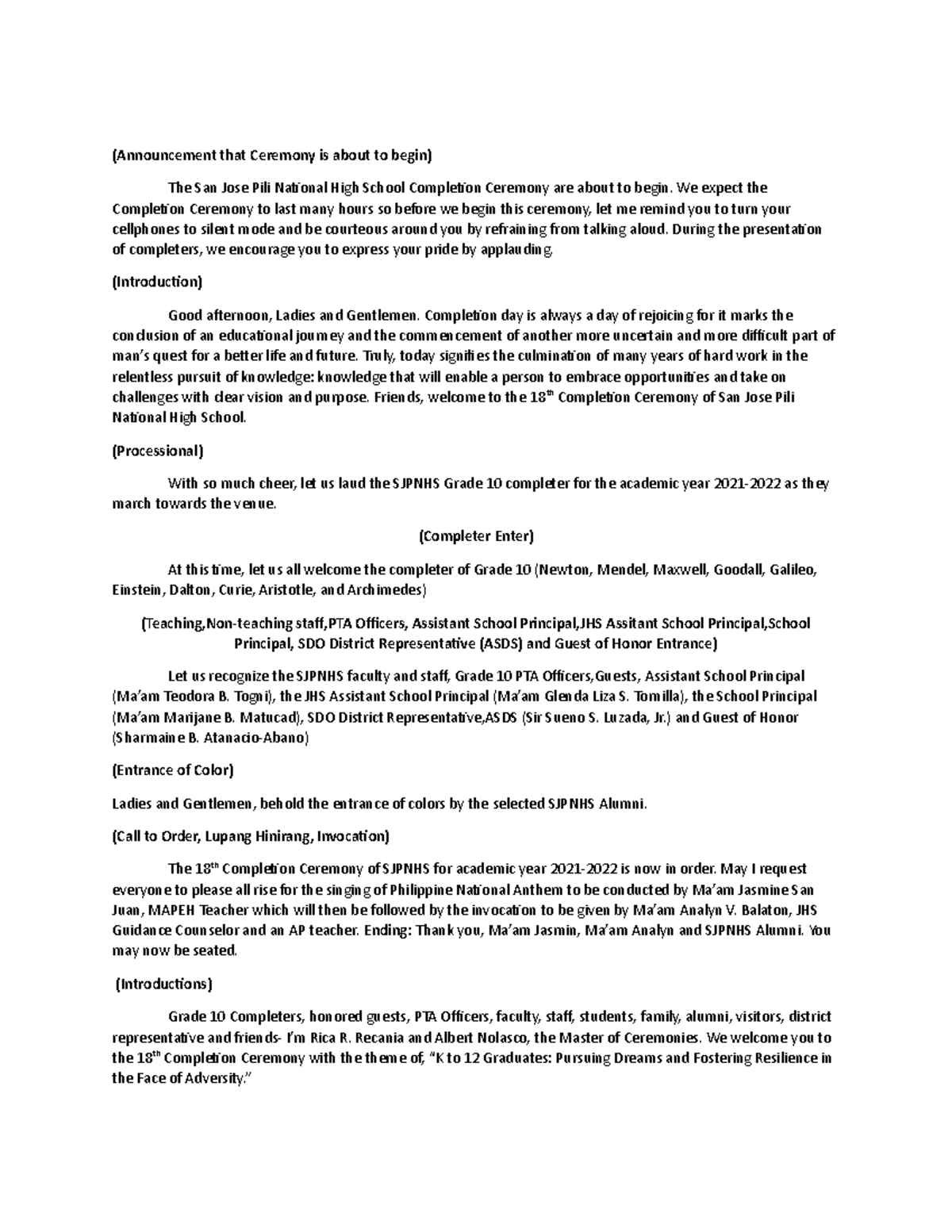 Emcee's Script - (Announcement that Ceremony is about to begin) The San ...