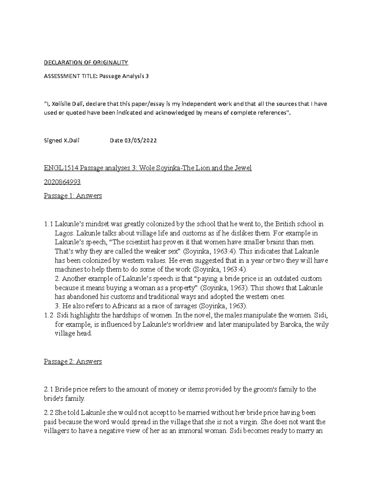 Engl1514 Passage Analysis - DECLARATION OF ORIGINALITY ASSESSMENT TITLE ...