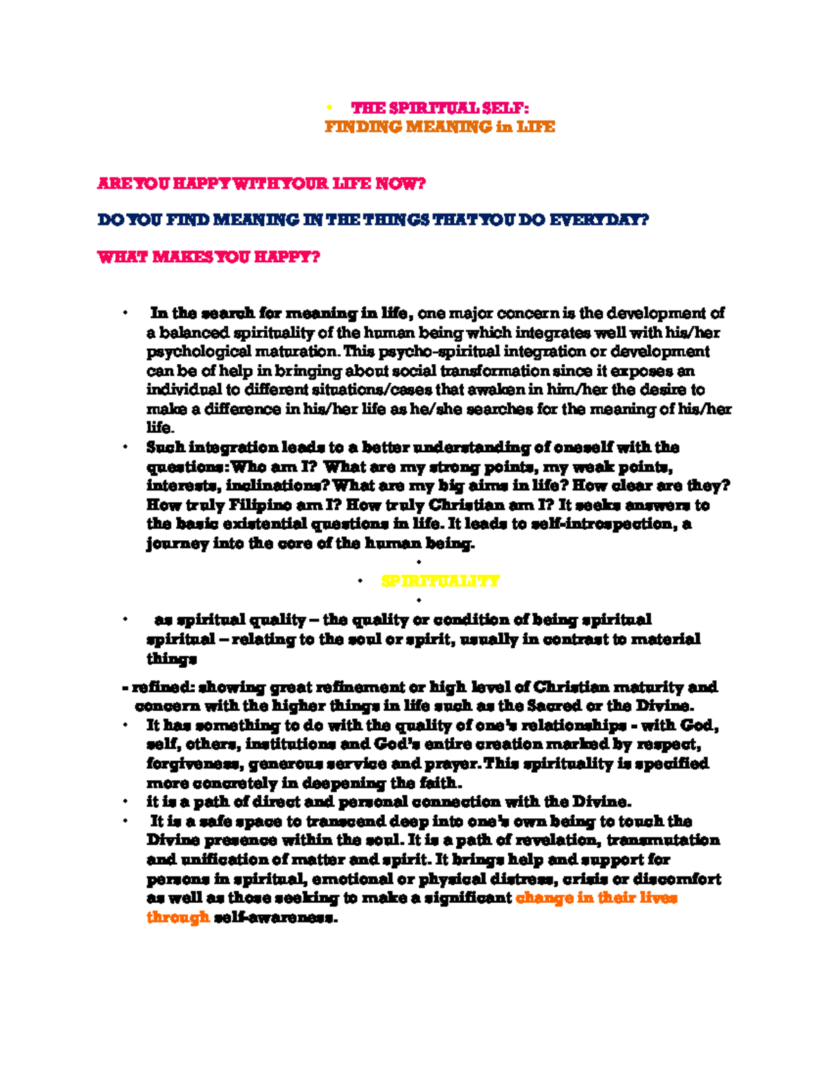 Spiritual SELF - NOTES - • THE SPIRITUAL SELF: FINDING MEANING in LIFE ...