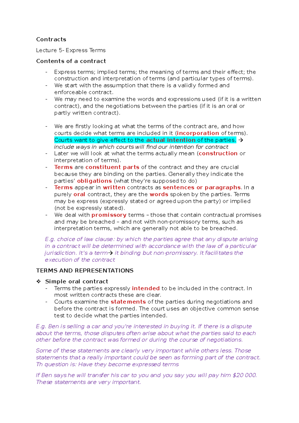 5 Express Terms - Detailed notes on Contracts law with case, example ...