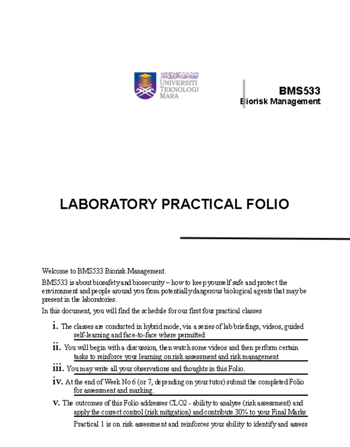 BMS533 Practical Class Folio 20234 1A - BMS Biorisk Management ...