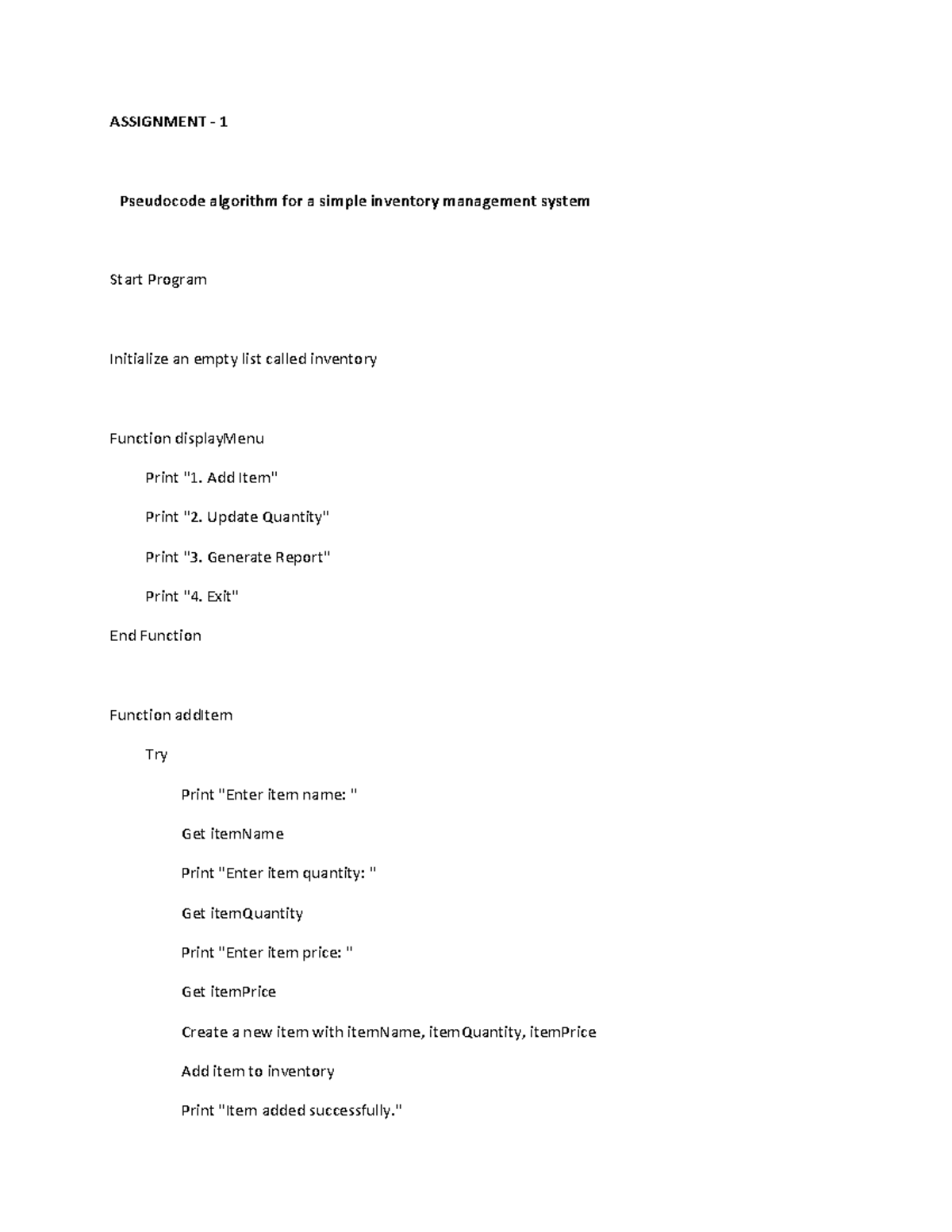Assignment 1 Create A Flowchart Assignment 1 Pseudocode Algorithm For A Simple Inventory